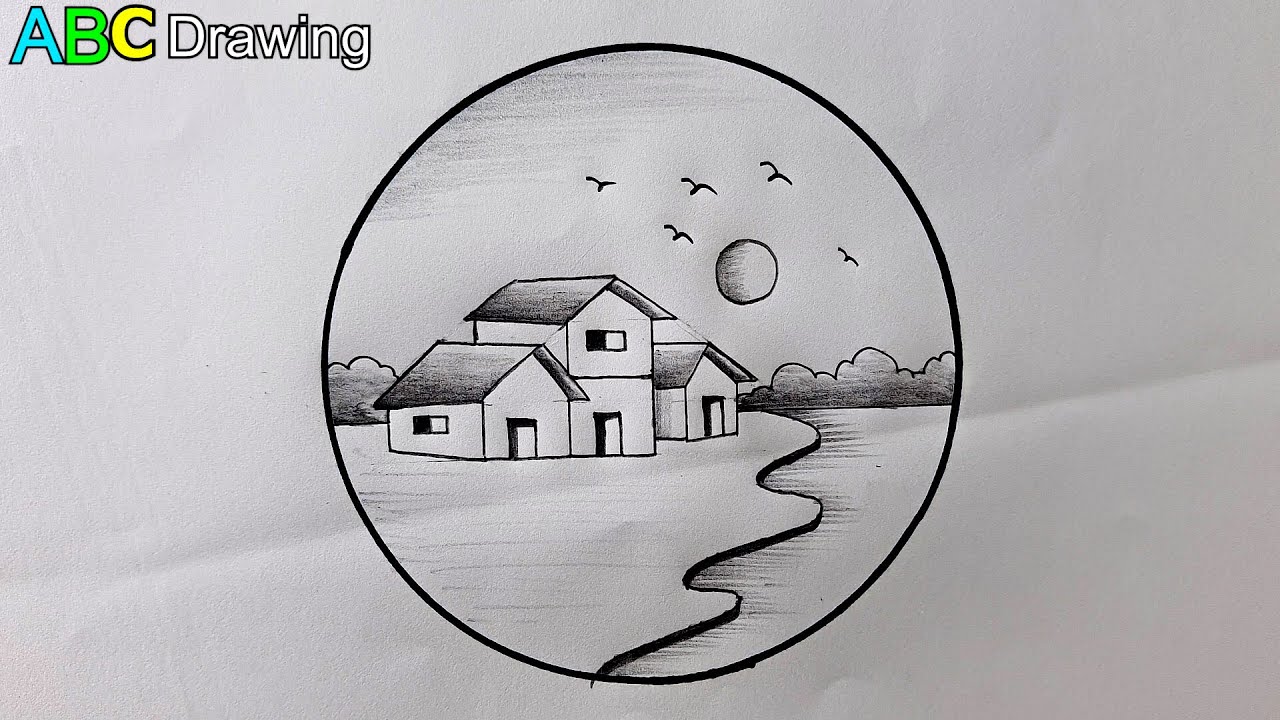 Drawing Of Two Storied House Inside The Circle | Only Pencil Drawing ...