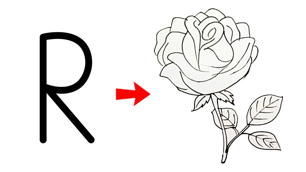 Rose Drawing Easy / How to turn alphabet R into Rose Drawing / Draw ...