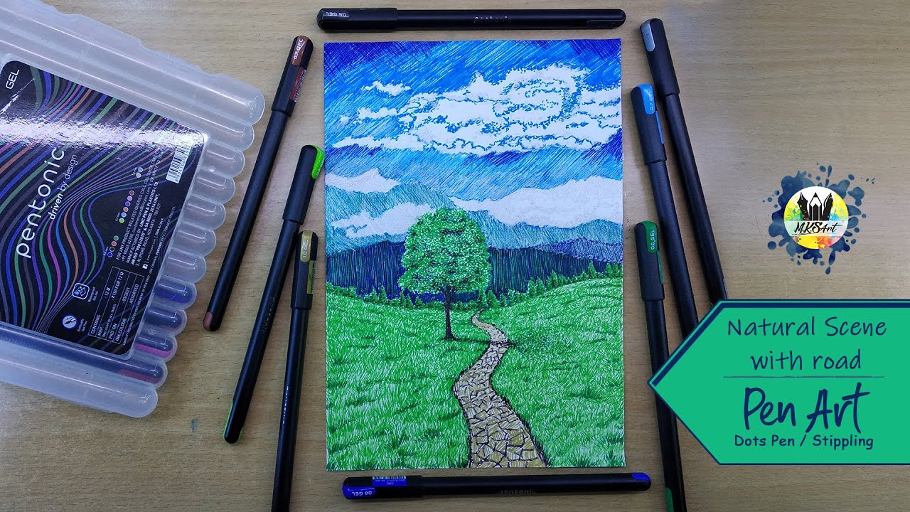 Dots/Stippling Pen Art - How to draw natural scene with road | Step by ...