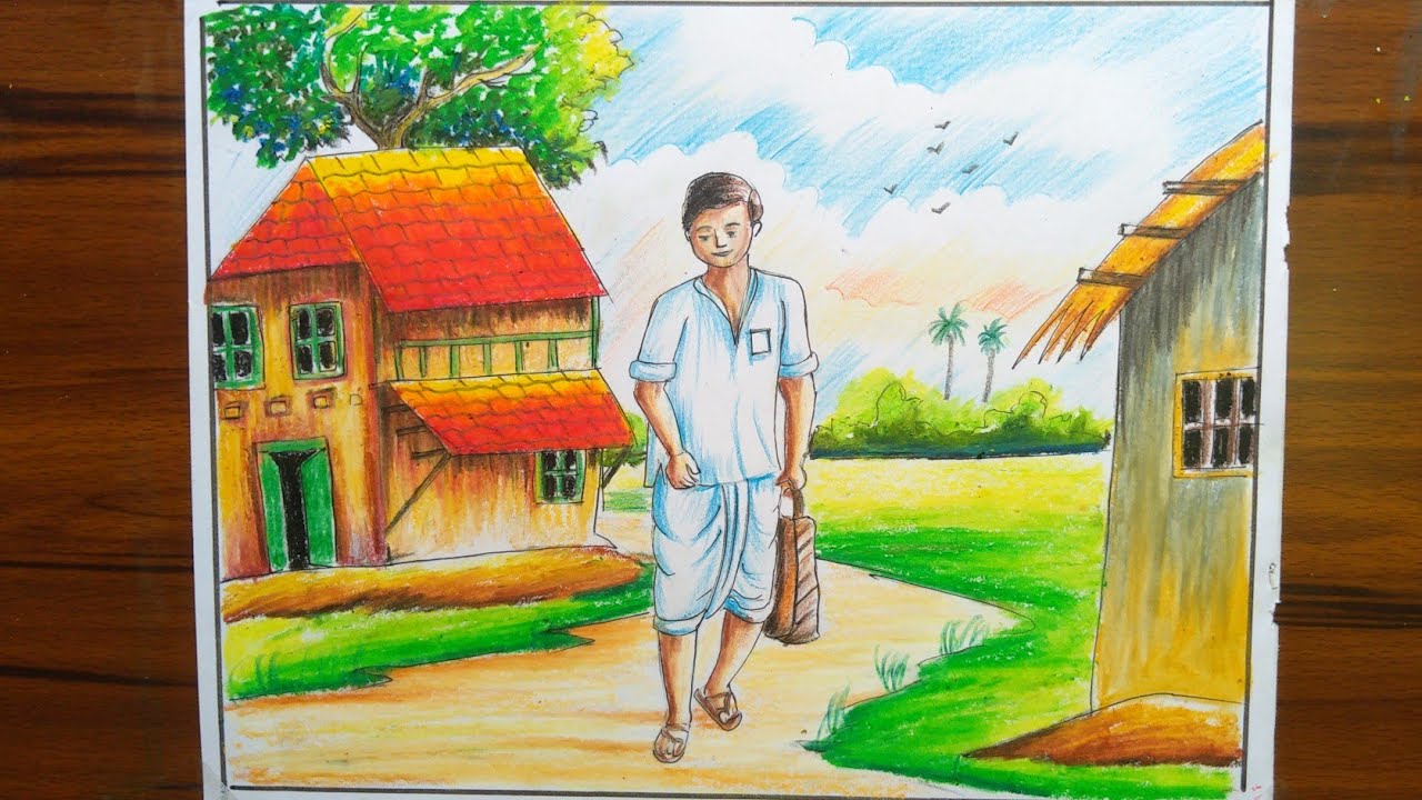 village scenery drawing with human figure oill pastel colour/one figure ...