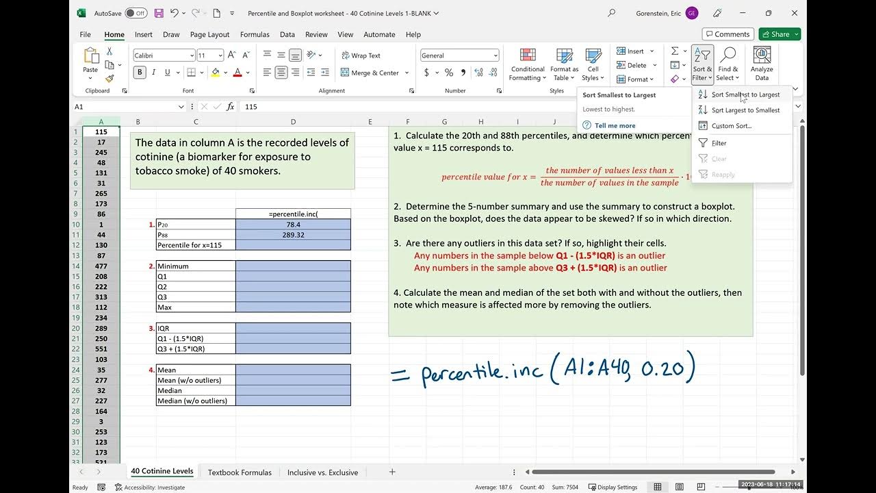 Excel for Intro Statistics #10: Percentiles, Quartiles, the 5 Number Summary, and Boxplots - YouTube