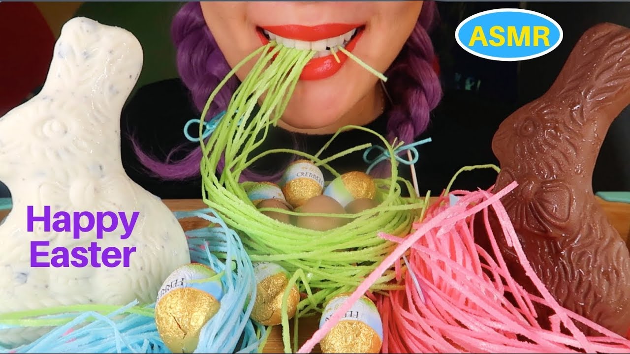 ASMR 토끼 초콜렛, 먹는 풀 먹방| EASTER CHOCOLATE, EDIBLE GRASS EATING SOUND|CURIE ...