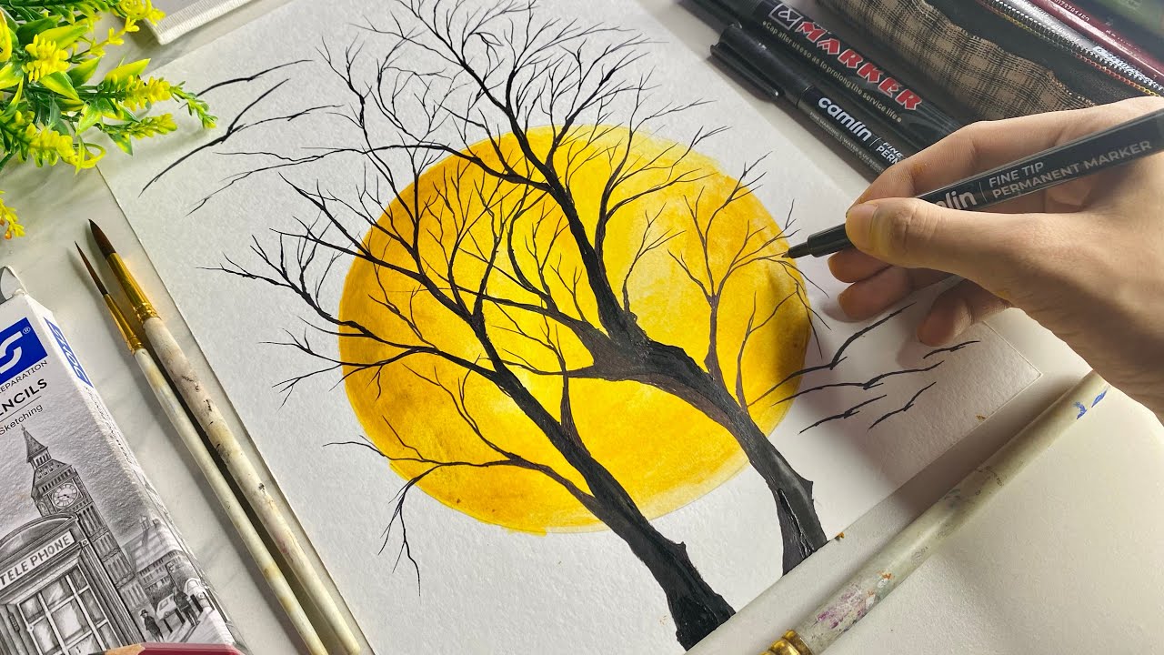 How To Draw Easy Sunset Tree Drawing🔥 / With Acrylic Painting / art by ...