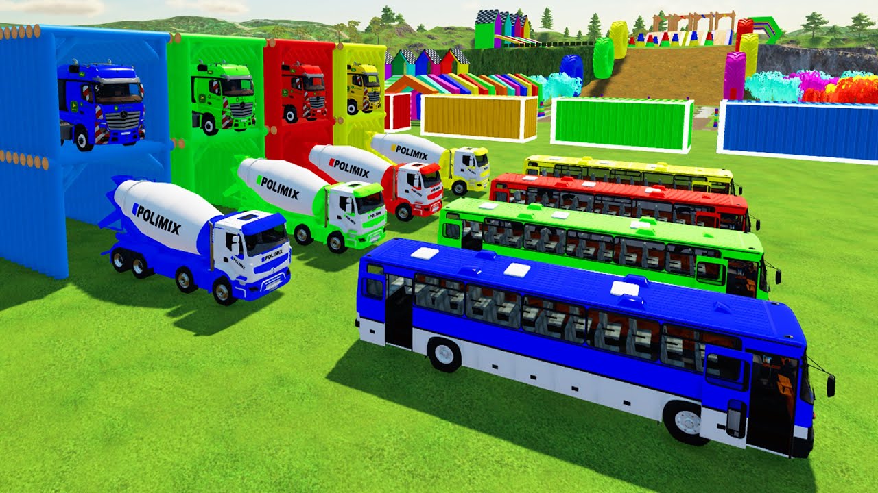 TRANSPORTING ALL COLORFUL IKARUS BUS,POLIMIX MIXER CEMENT TRUCK TO ...