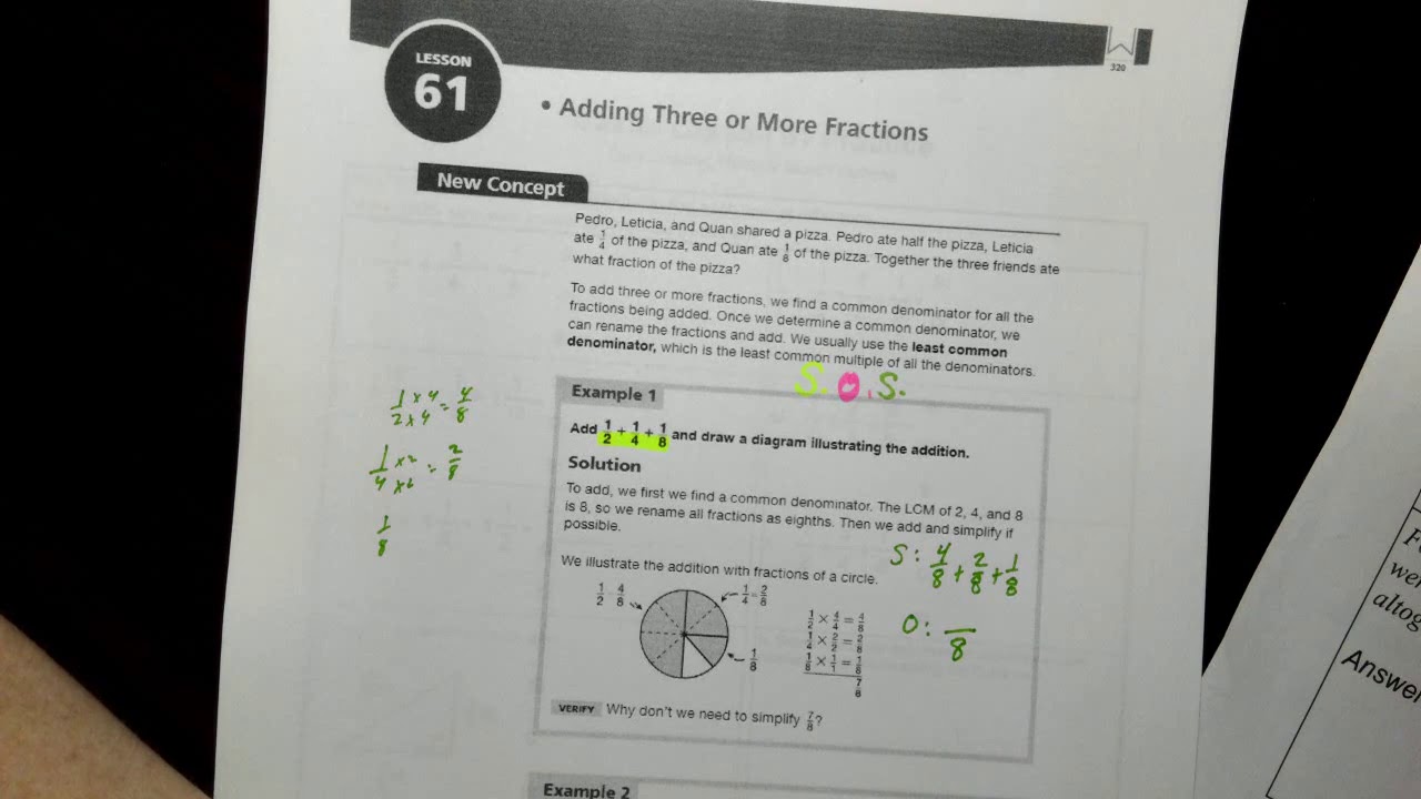 Saxon Course 1: Lesson 61 Adding Three or More Fractions - YouTube