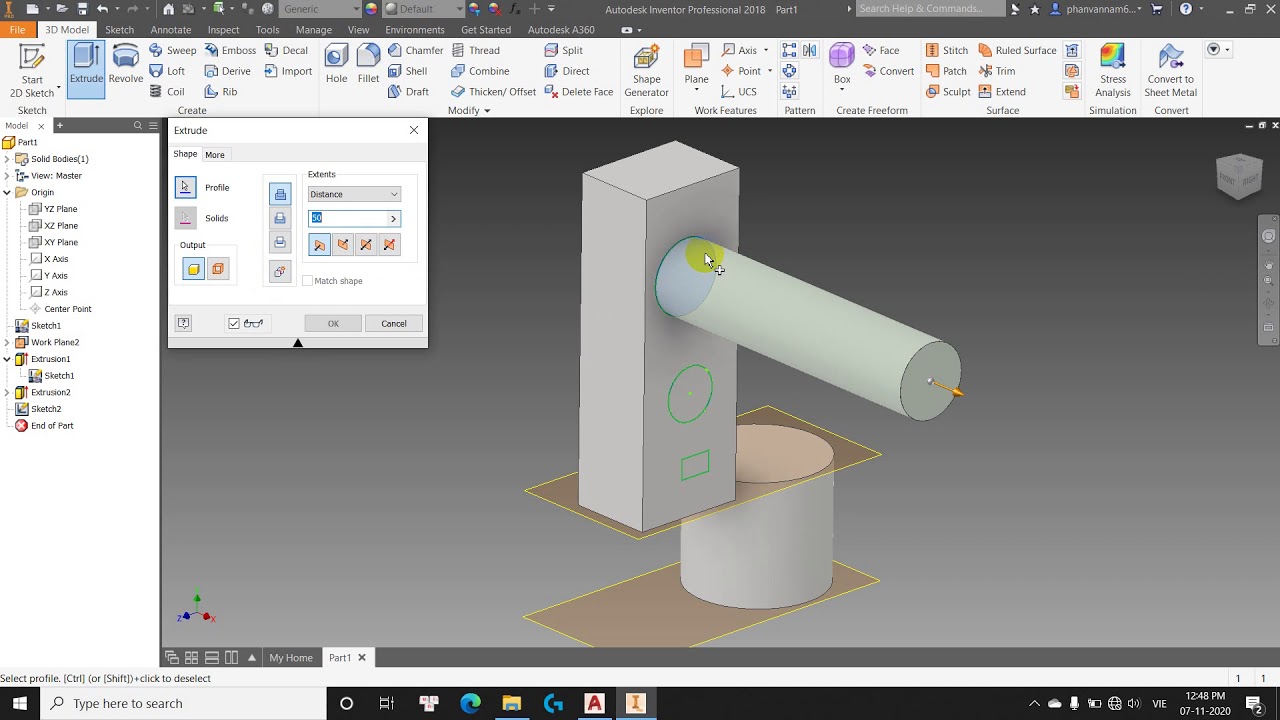 Hướng dẫn sử dụng lệnh extrude và revole inventor 2019 - YouTube