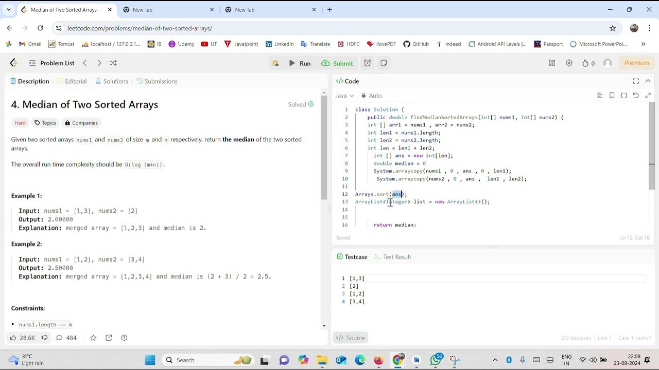 4 Median Of Two Sorted Arrays Using Java Array Coding Programming Leetcode Youtube 6646