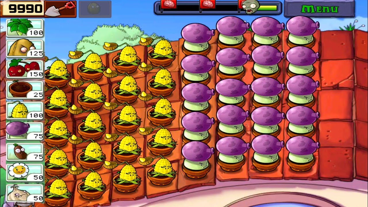 PVZ GAMEPLAY | KERNEL-PULT AND FUME-SHROOM | ADVENTURE ROOF LEVEL 2 ...