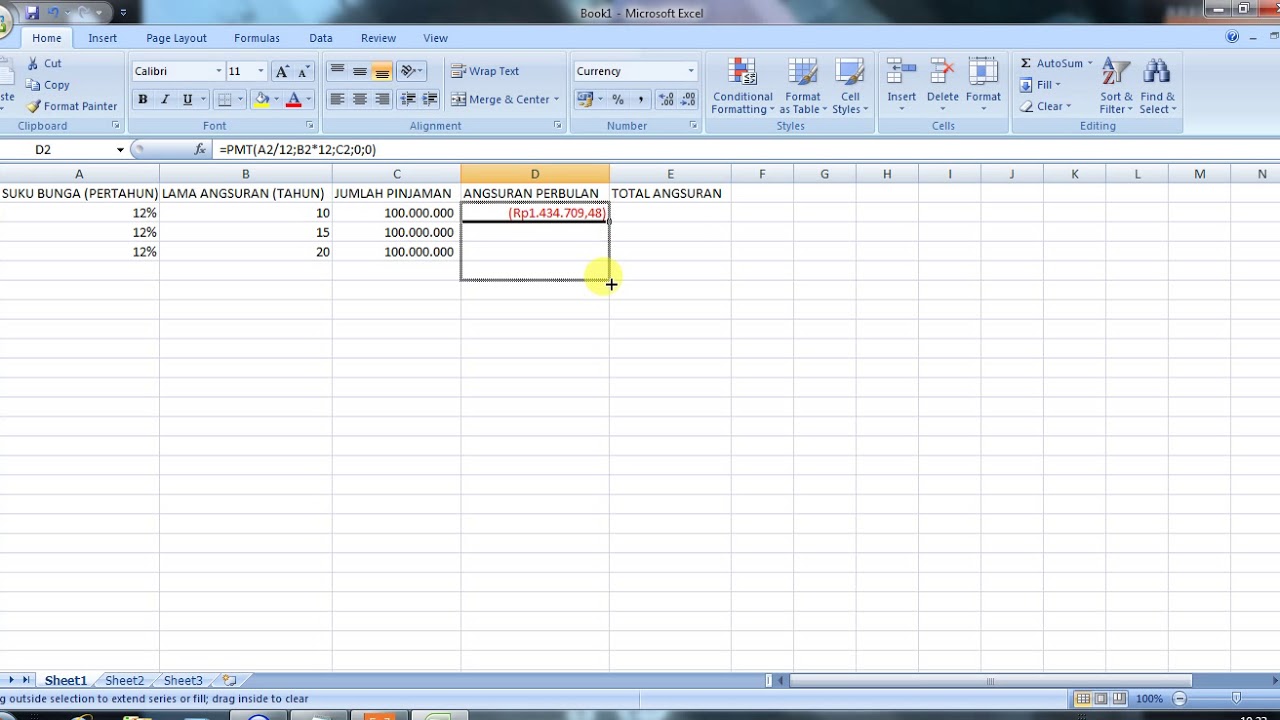 Rumus Mencari Angsuran Pinjaman di Ms Excel dengan fungsi PMT - YouTube