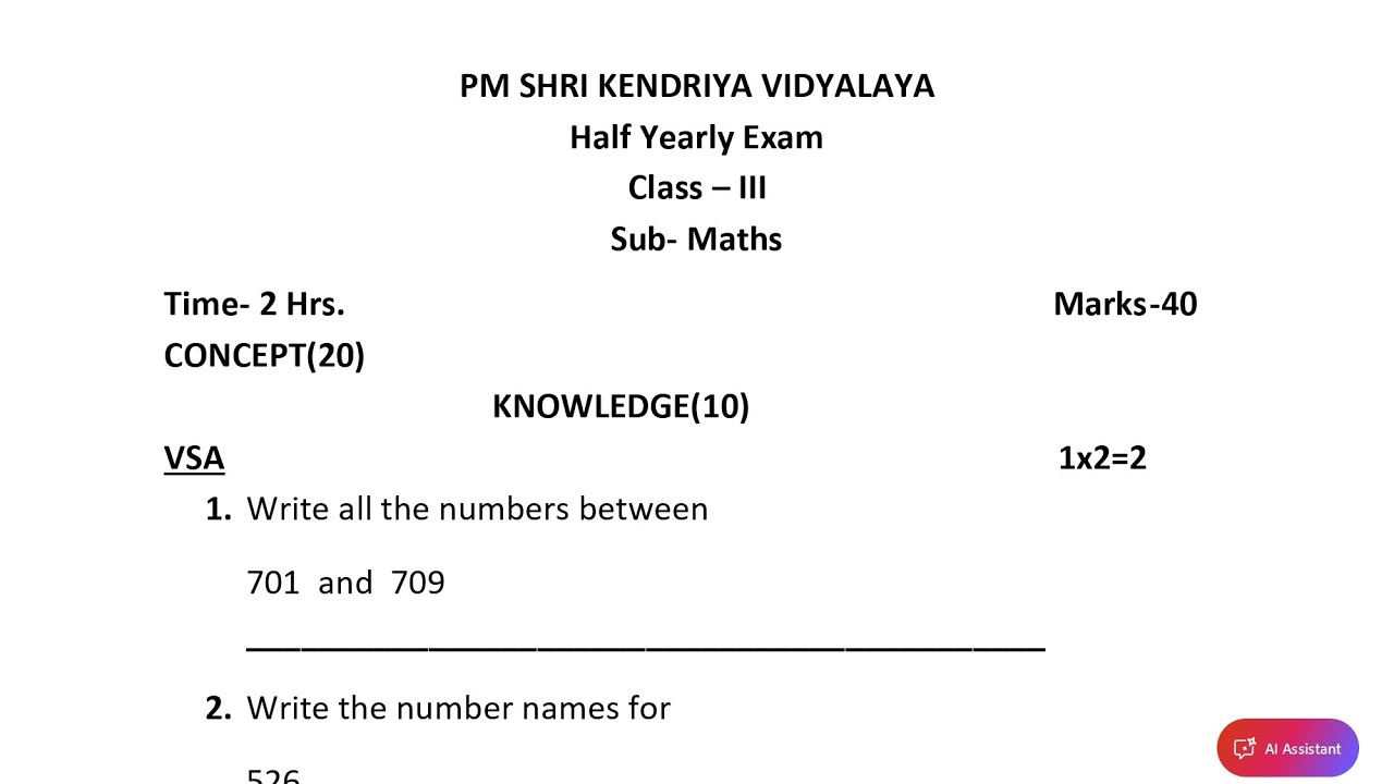 Class-3 Maths / Half Yearly Exam 2025-2026 Question Paper Term-1 PM ...
