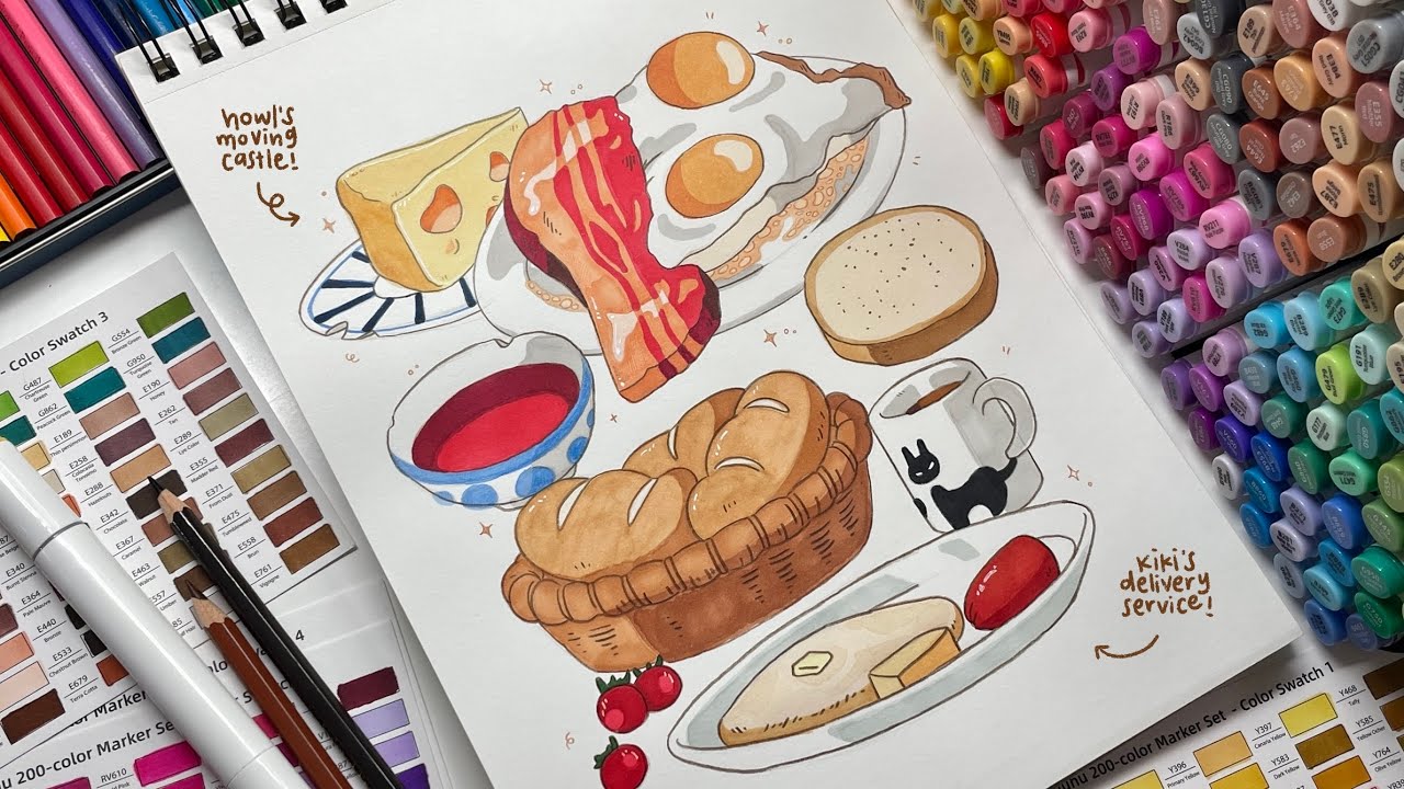 draw with me - studio ghibli illustrations🧀🍳 using alcohol-based markers and colored pencils ...
