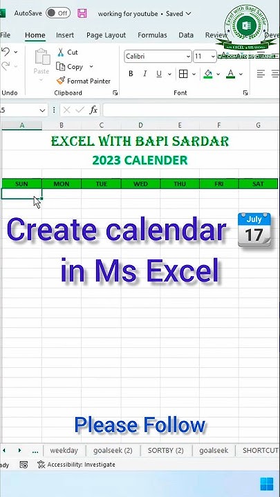 Create Calendar 📆 in Ms Excel | "Sequence formula" | #excelwithbapisardar #reels #msexcel # ...