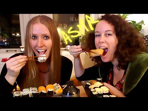 ASMR - Renée And Tess Eat Sushi Live! Eating & Drinking Sounds