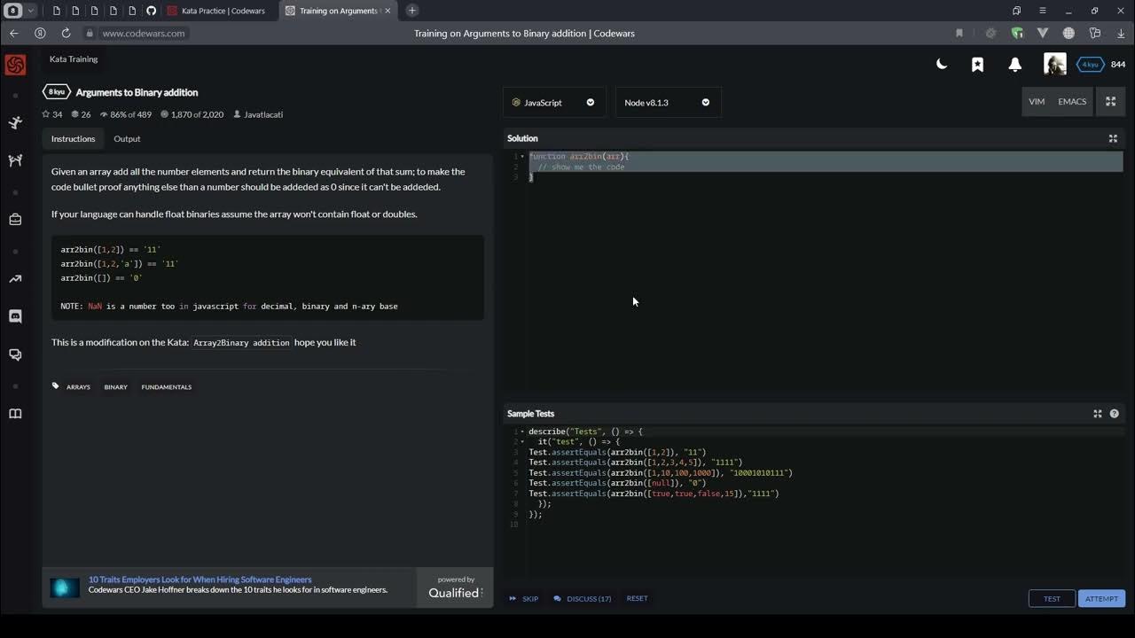 Задачки с Codewars 8 kuy Arguments to Binary addition1080 - YouTube