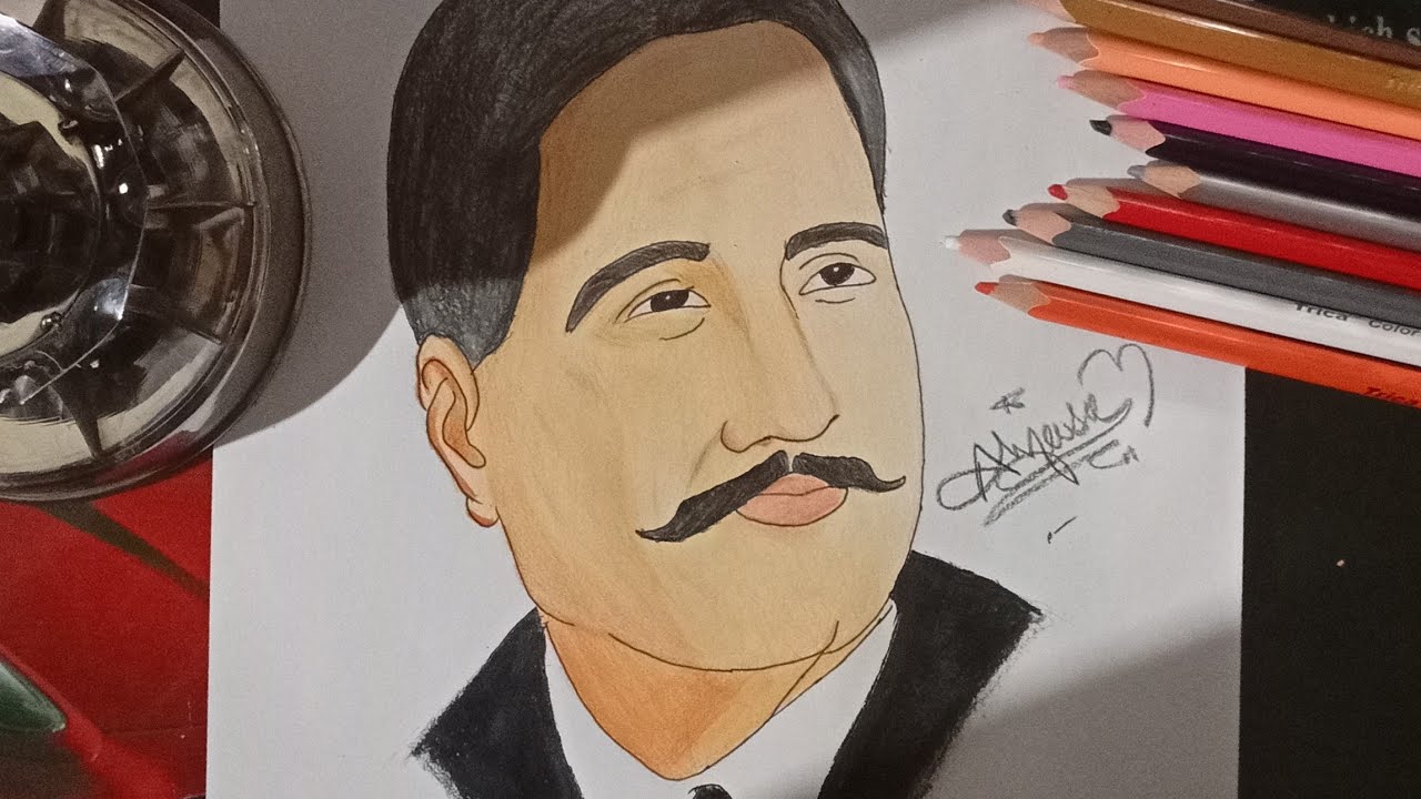 How to draw the drawing of ALLAMA IQBAL in colour|| step by step ...