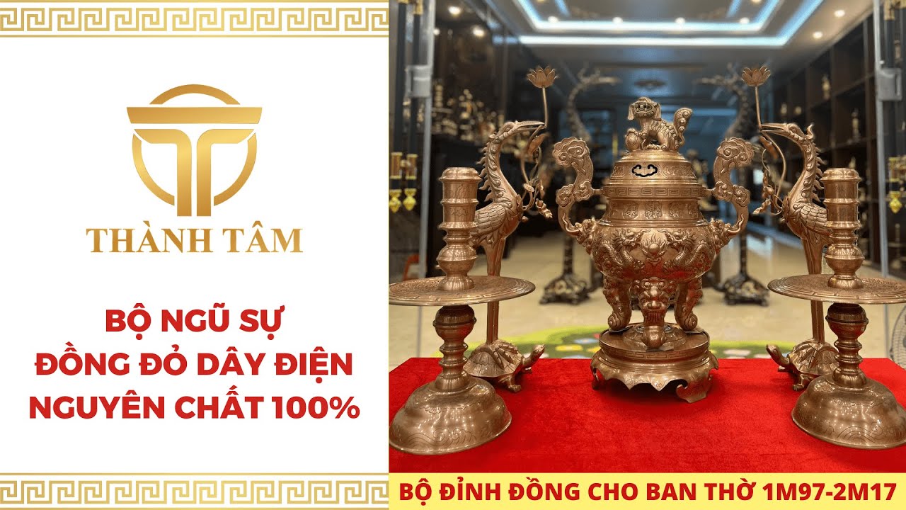 Báo giá bộ đỉnh ngũ sự Song Long đồng đỏ, hoa văn chạm chìm thủ công ...