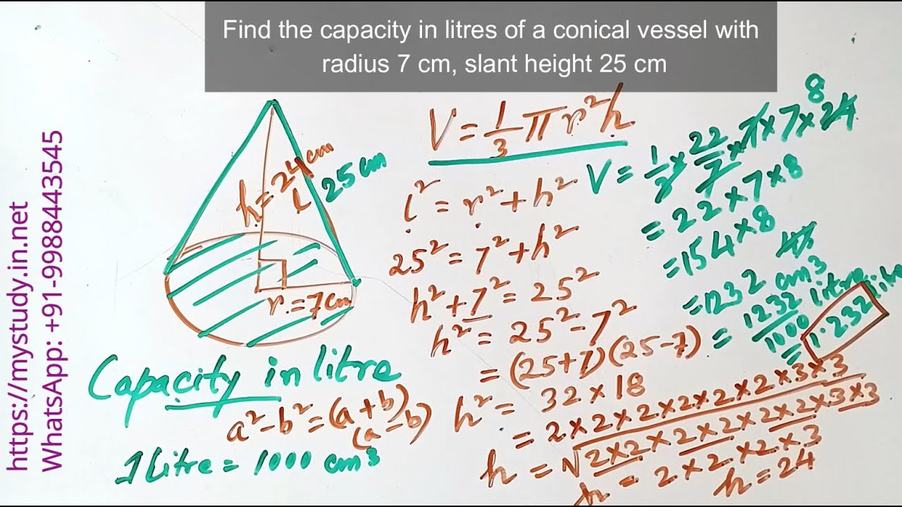 Volume of a Cone | CBSE Math 9 | Q2.a Find capacity in litres of ...