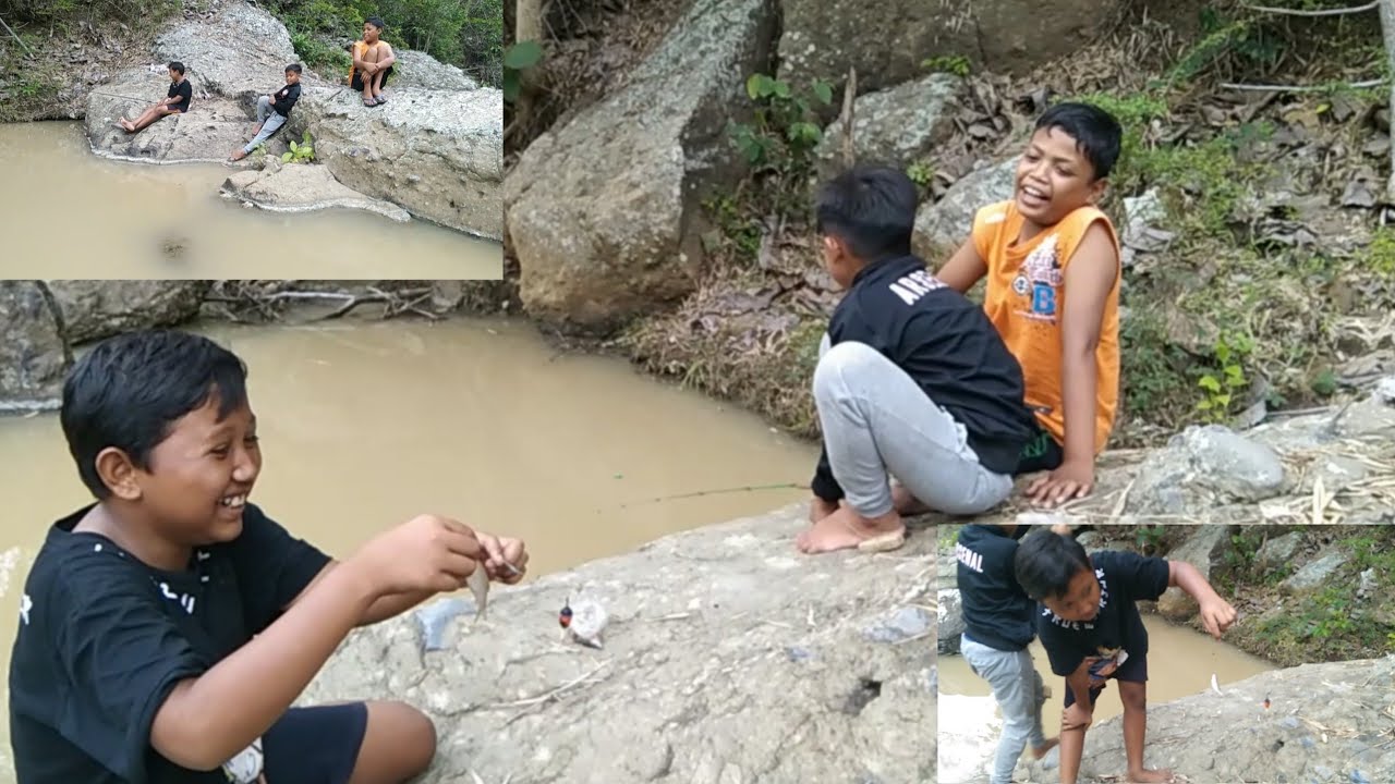 beginilah serunya disaat anak anak mancing di sungai senangnya Adek ...