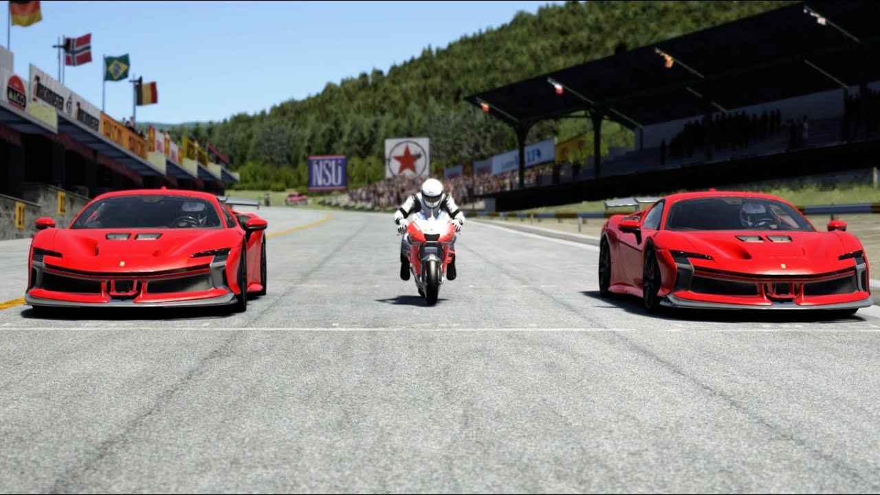 MotoGP '20 Ducati Desmosedici vs Ferrari SF90 XX Stradale at Old Spa ...