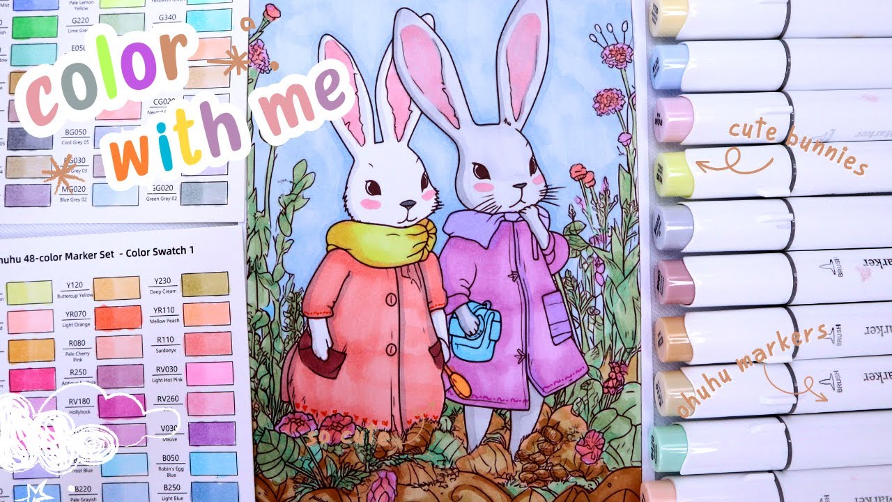 🐰 art vlog: coloring with ohuhu art markers // coloring cute bunnies # ...