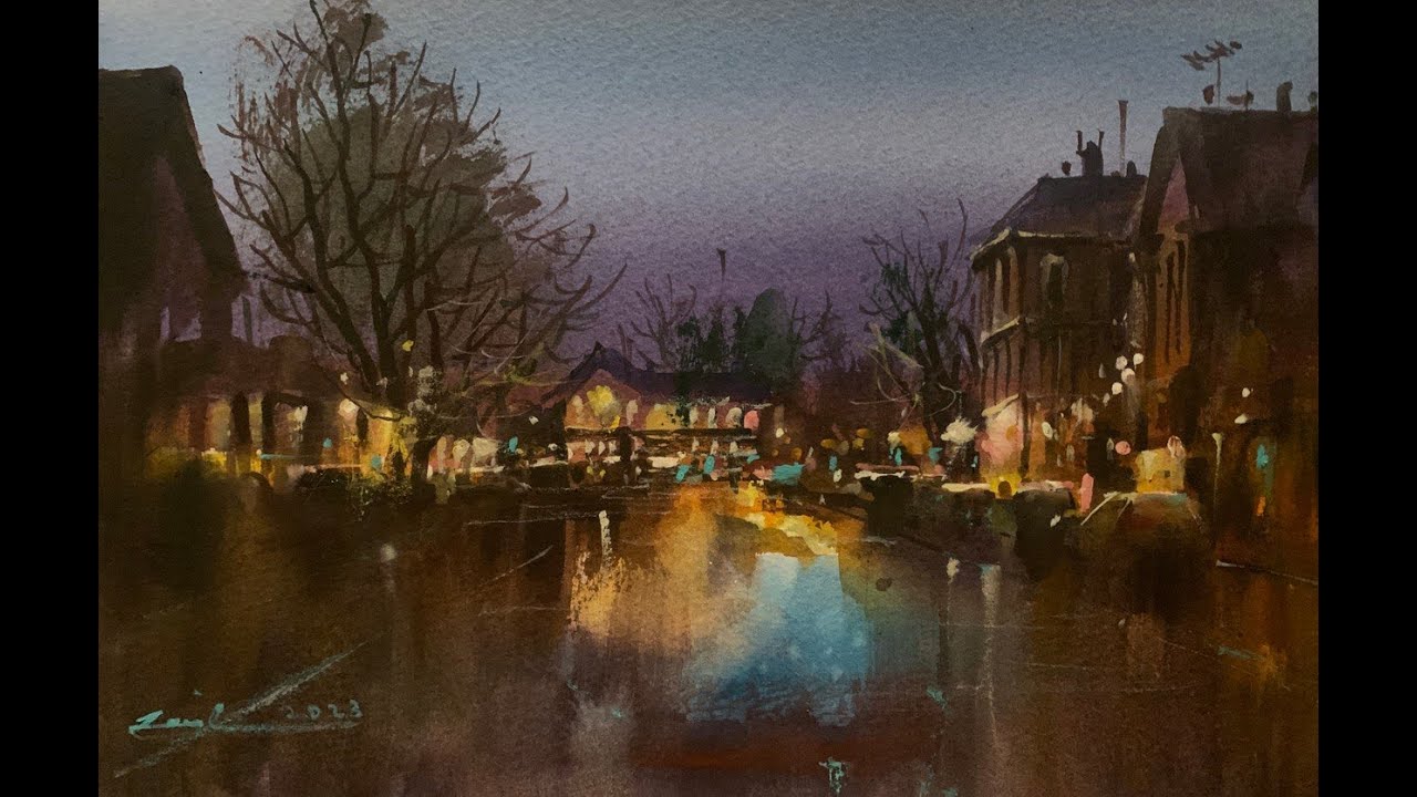 How to paint cityscape night in watercolor painting - YouTube