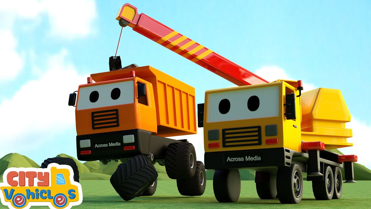 Construction vehicles building a rabbit house— Dump truck, excavator ...