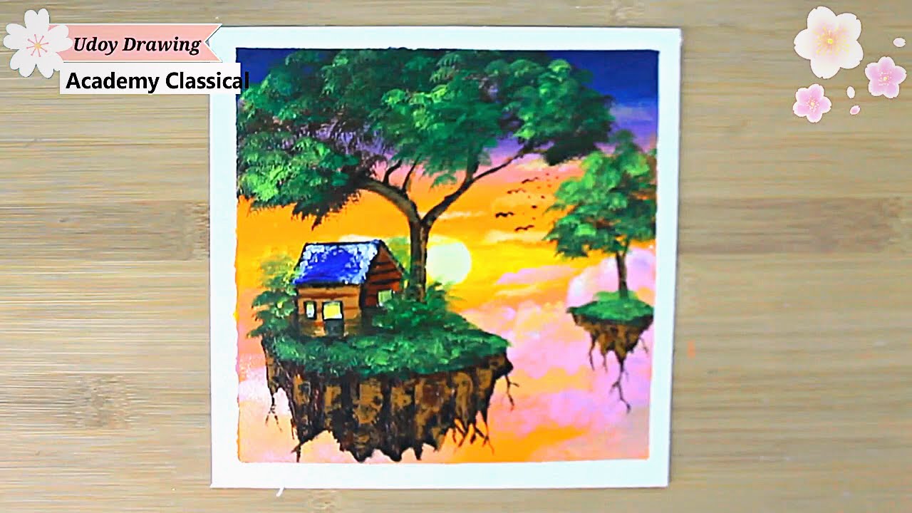 FLOATING ISLAND ACRYLIC PAINTING TUTORIAL || SUNSET SCENERY DRAWING WITH ACRYLIC PAINT - YouTube
