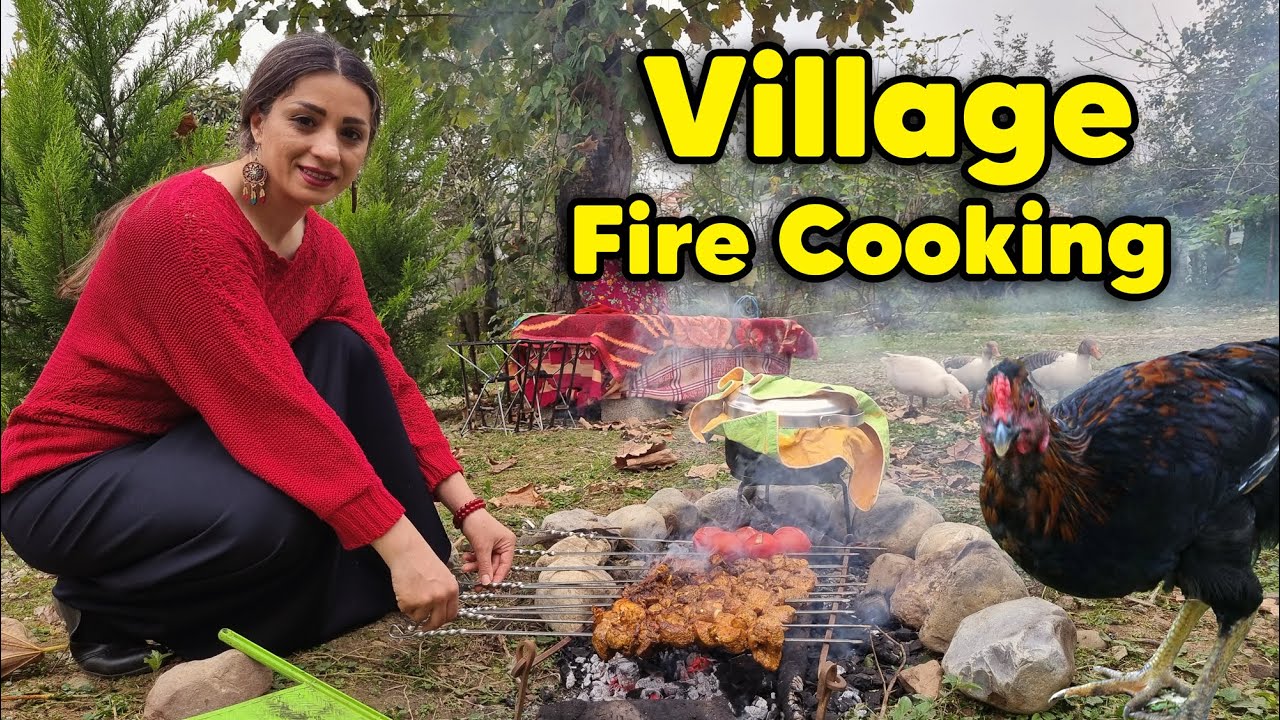 Cooking Chicken Kabab on Open Fire in 4K | Village Backyard with Ducks ...