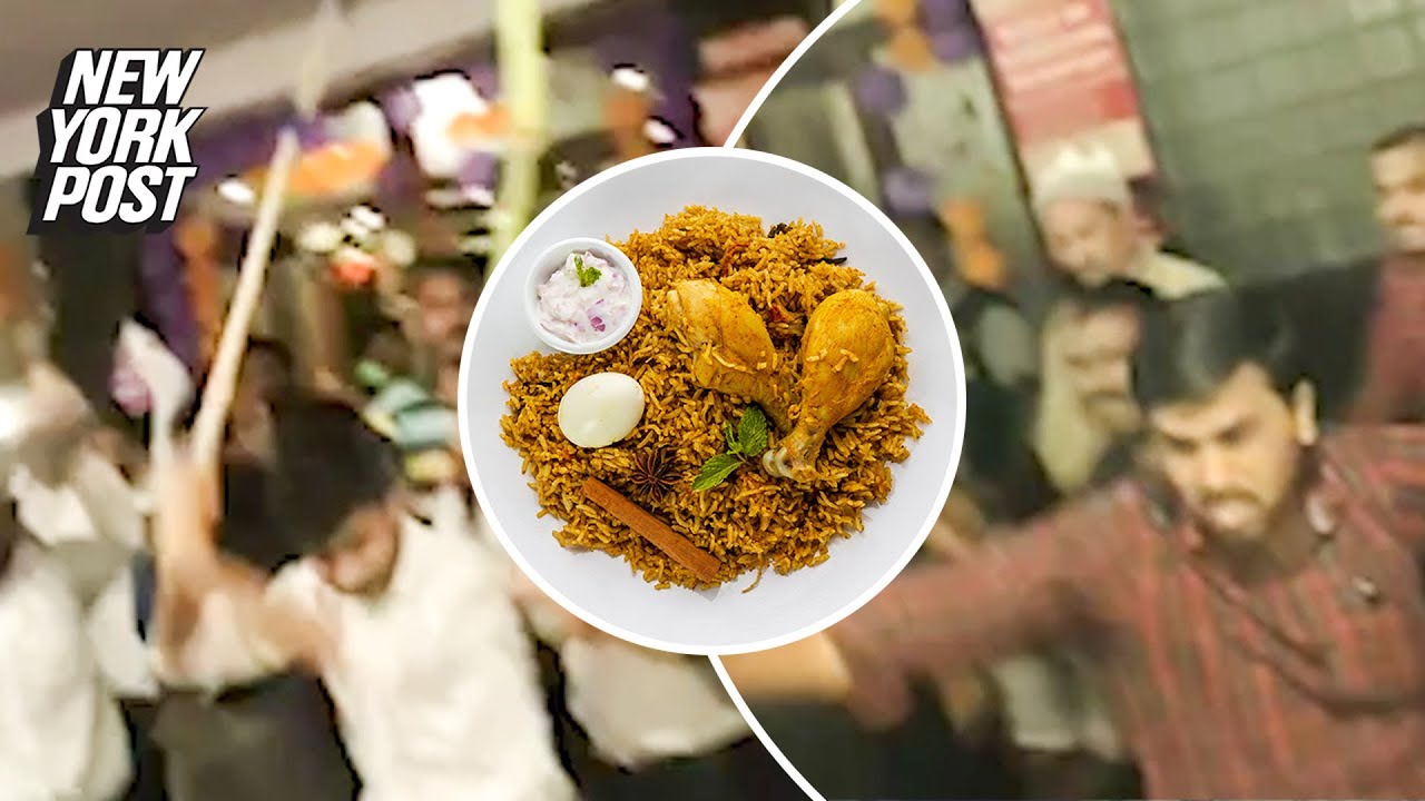 Food fight! Huge brawls breaks out over undercooked biryani - YouTube