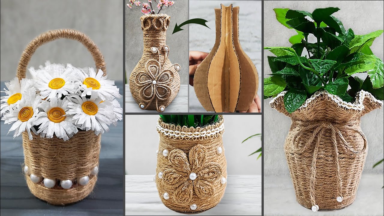 four ideas of how to make beautiful jute rope flower vases at home step ...