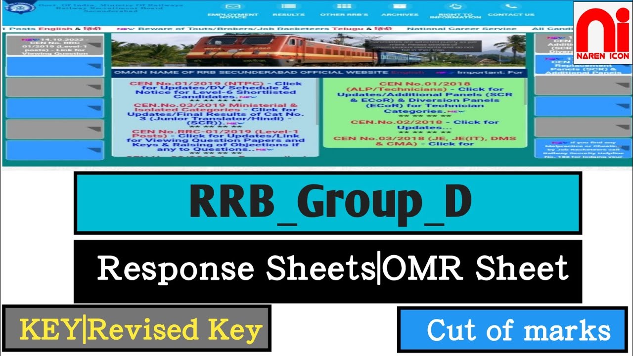 RRB GroupD|Response Sheets|OMR sheet|Revised Key| Cut off marks all ...