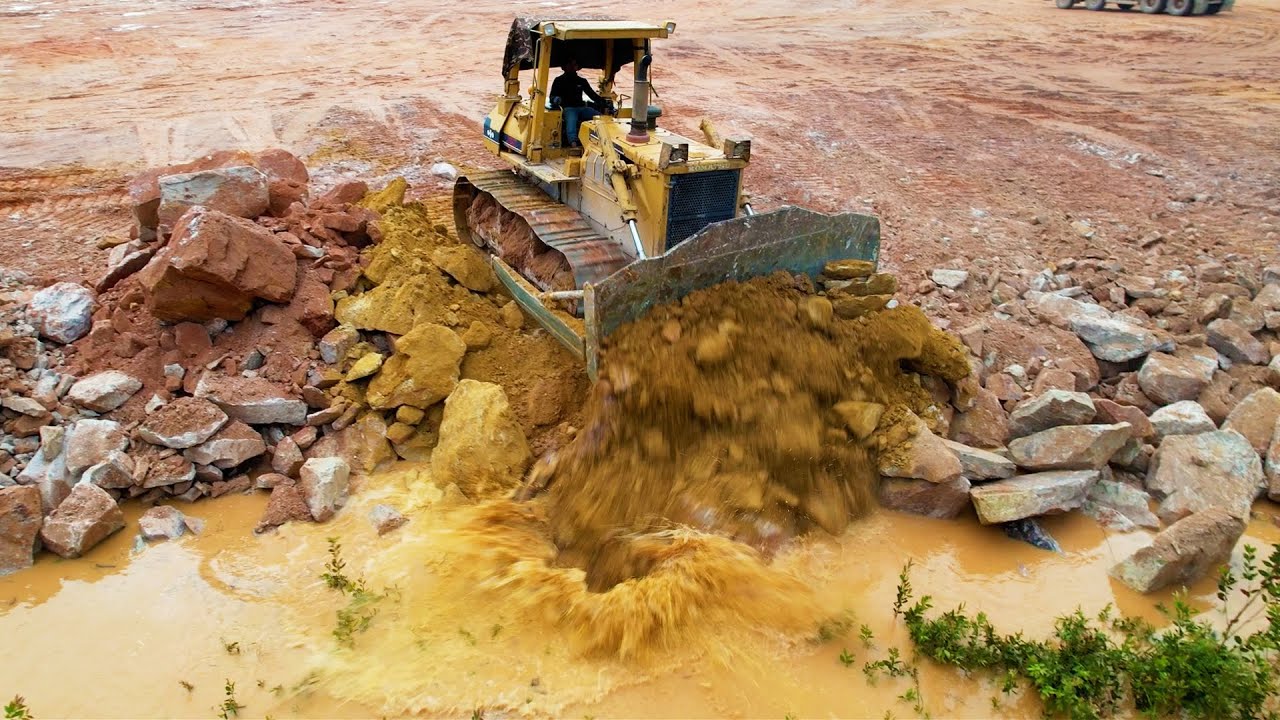 Perfectly Land Reclamation Process With Strong Bulldozer Work Moving ...