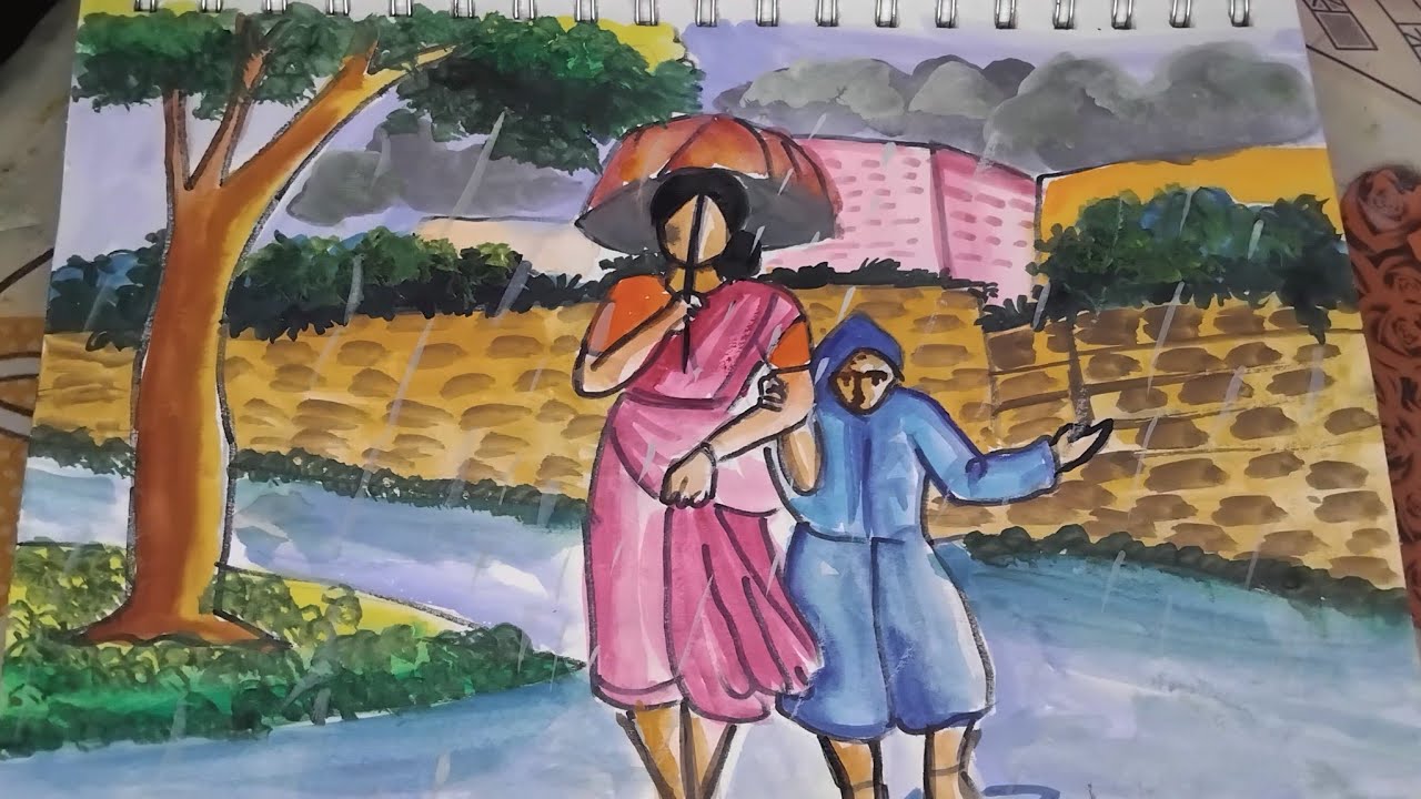 How to draw rainy season / Rainy season drawing /বর্ষাকালের ছবি আঁকা ...