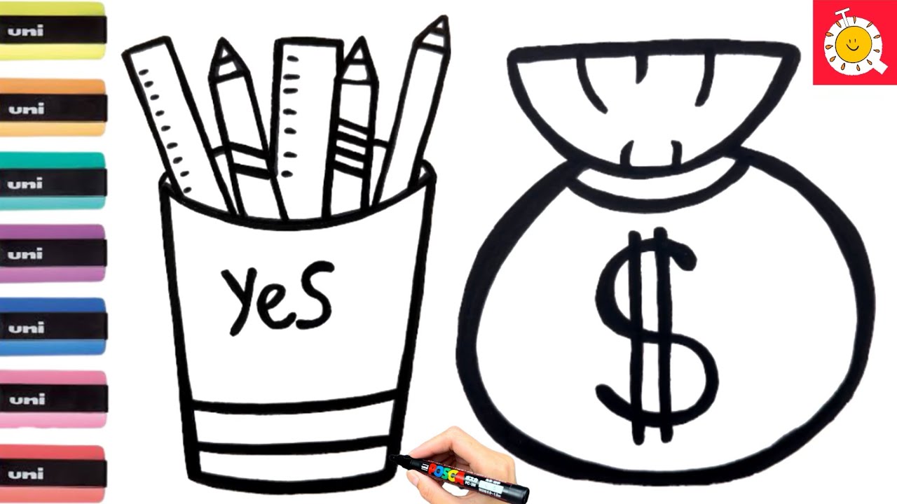 How to draw Pencil, ruler and Bag of Money for kids|| Drawing for kids ...