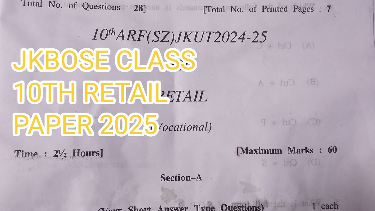 jkbose class 10th retail paper 2025 #vocational #class10th #retail ...