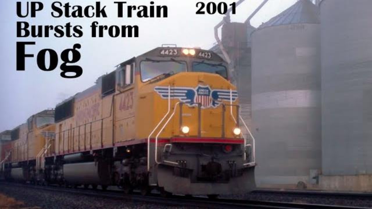 UP Stack Train Bursts from Fog in Nov. 2001, UP SD70M 4454, UP SD40-2 ...