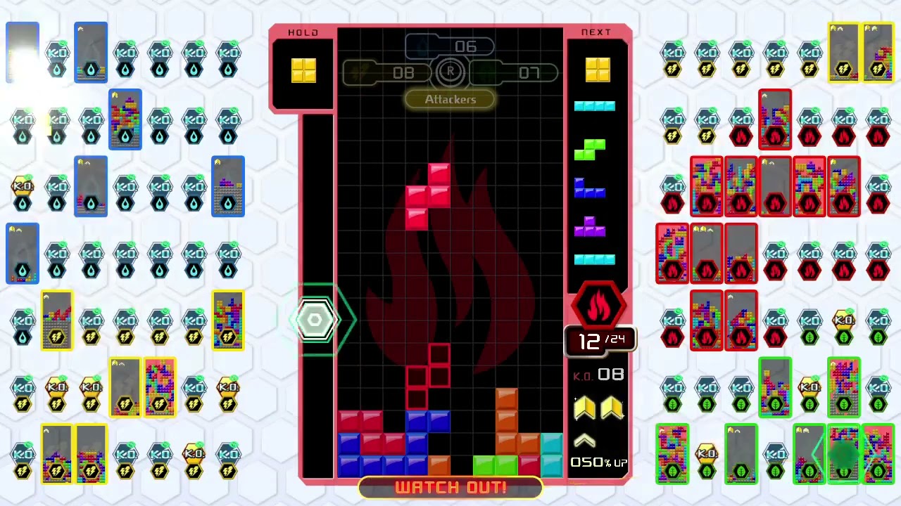 after the tetris all clear i got 10 K.O.s on red team in tetris 99 ...