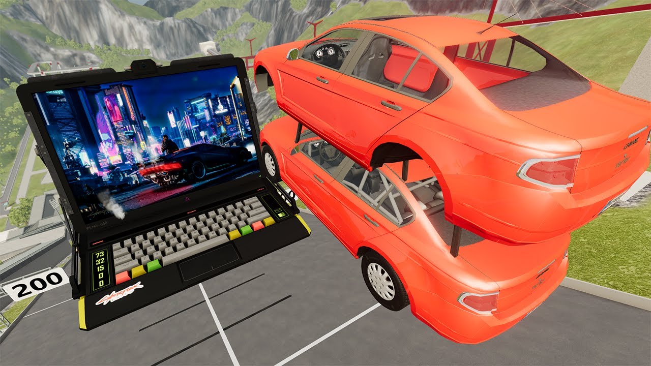 Cars & Lego Car Jumps Into Laptop - BeamNG.Drive - YouTube