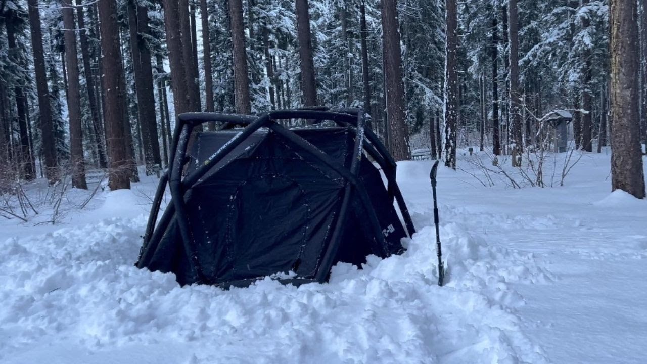 Snow Camping with Inflatable Tent - Cold Weather - YouTube