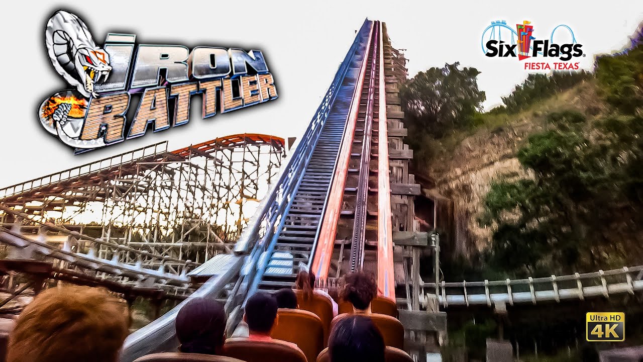 April 2022 Iron Rattler Roller Coaster at Sunset On Ride 4K POV Six ...
