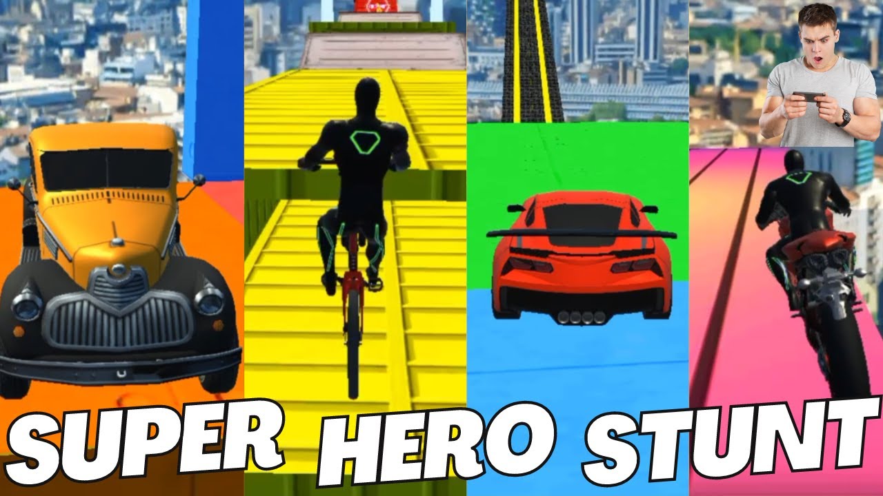 Amazing Racing & Stunts with Super Heroes| Car, motorcycle, truck ...