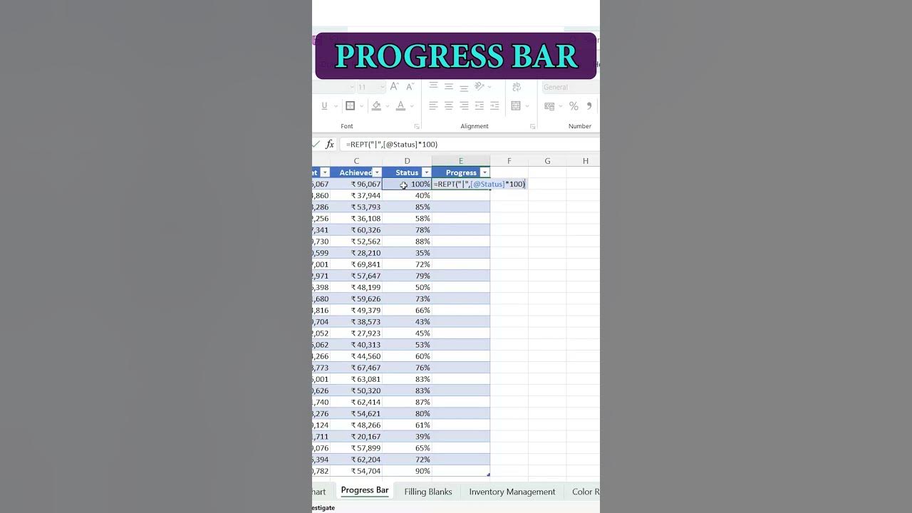 Progress Bar In Excel Trick Coding Datatechnology Dataanalysis Datanalysis Datascience