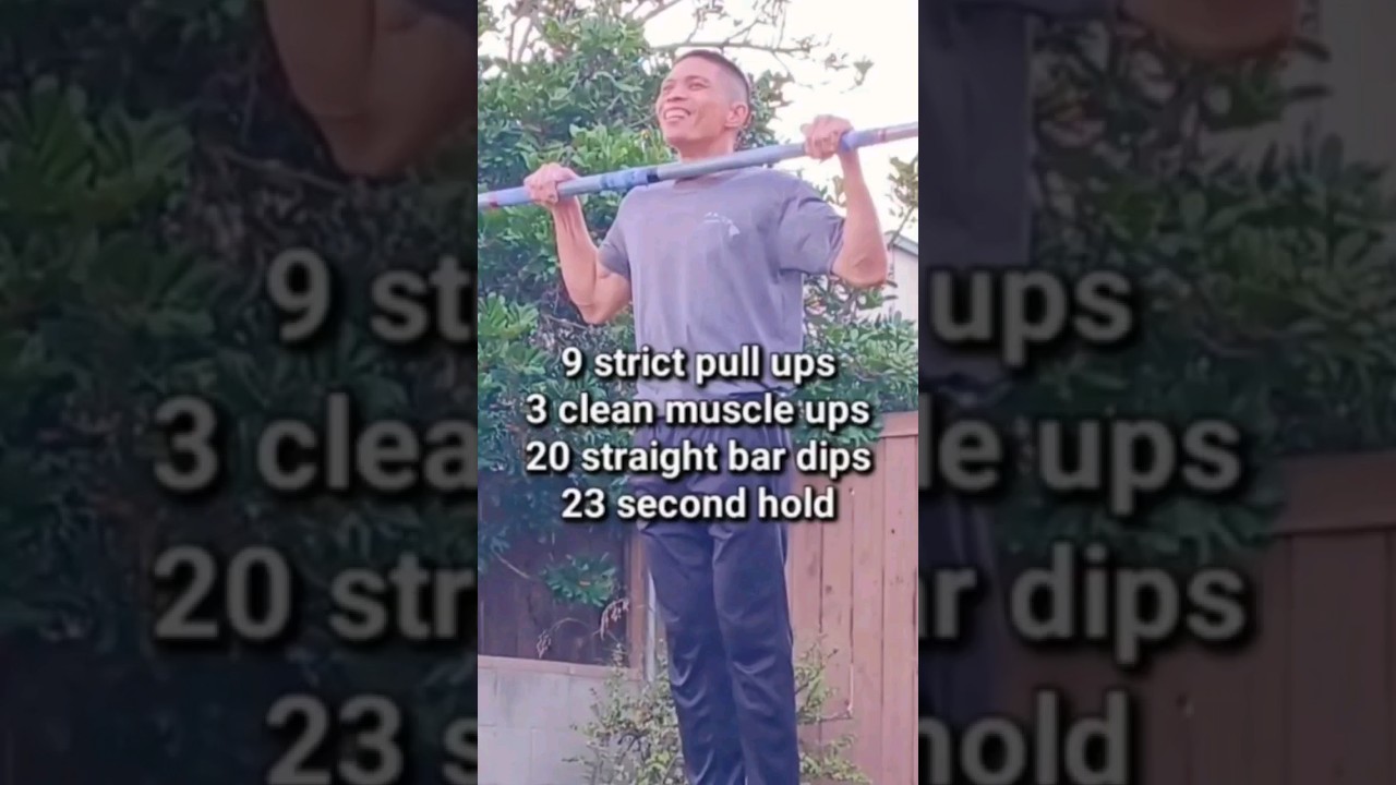 9 strict pull ups to 3 clean muscle ups to 20 bar dips to a 23 second isometric hold to pull up ...