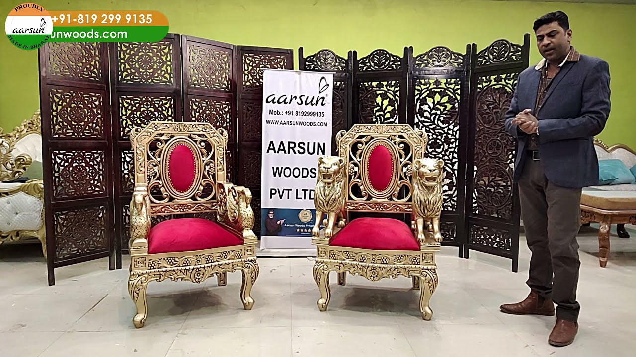YT-580 King & Queen Chair Set - Royal Throne Guruji Gaddi Aasan Lion ...