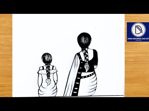 how to draw mother and daughter pencil sketch//easy step by step ...