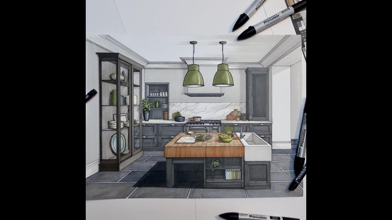 How to Draw a Kitchen set with Furniture / Pencil Art / Kitchen Front ...