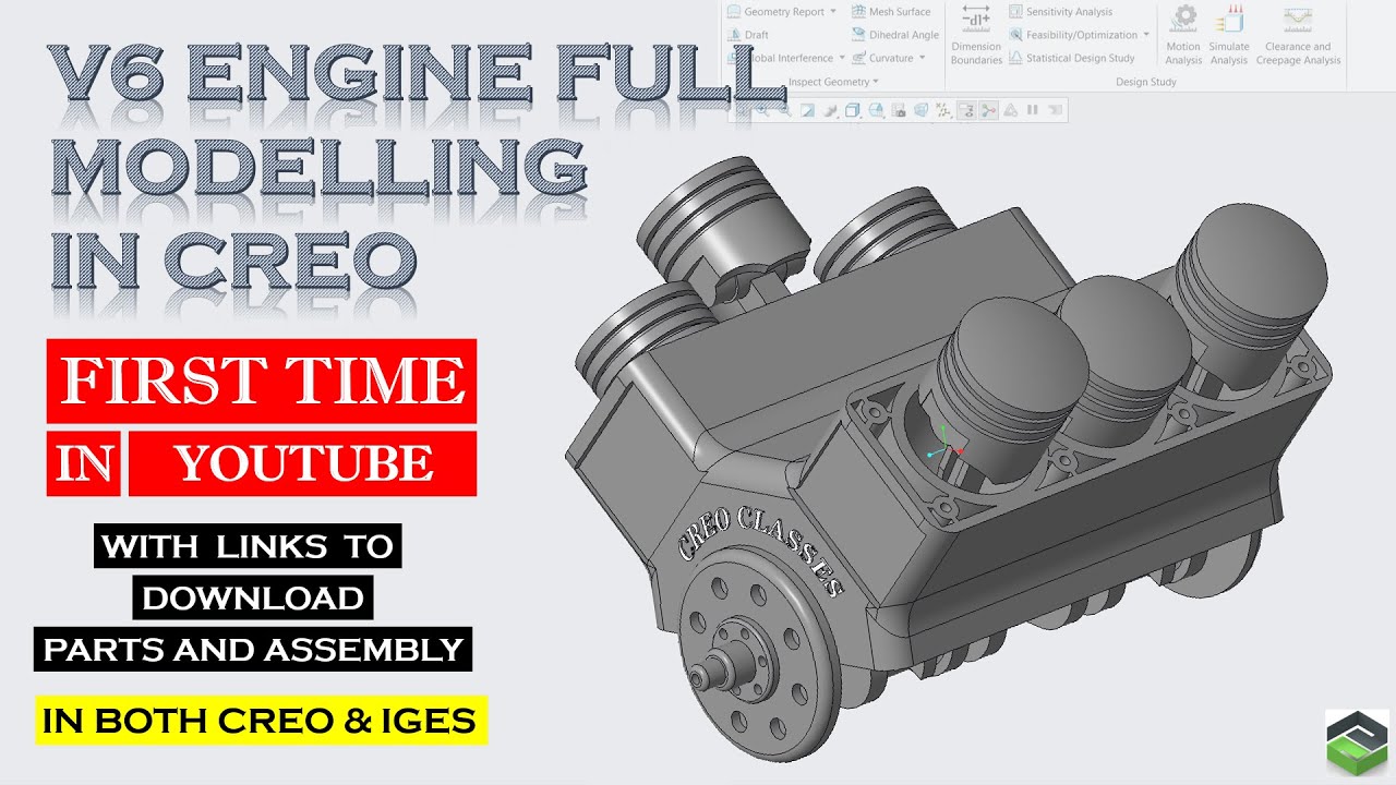 " V6 ENGINE " in Creo (Parts, Assembly, Mechanism) Full tutorial video ...