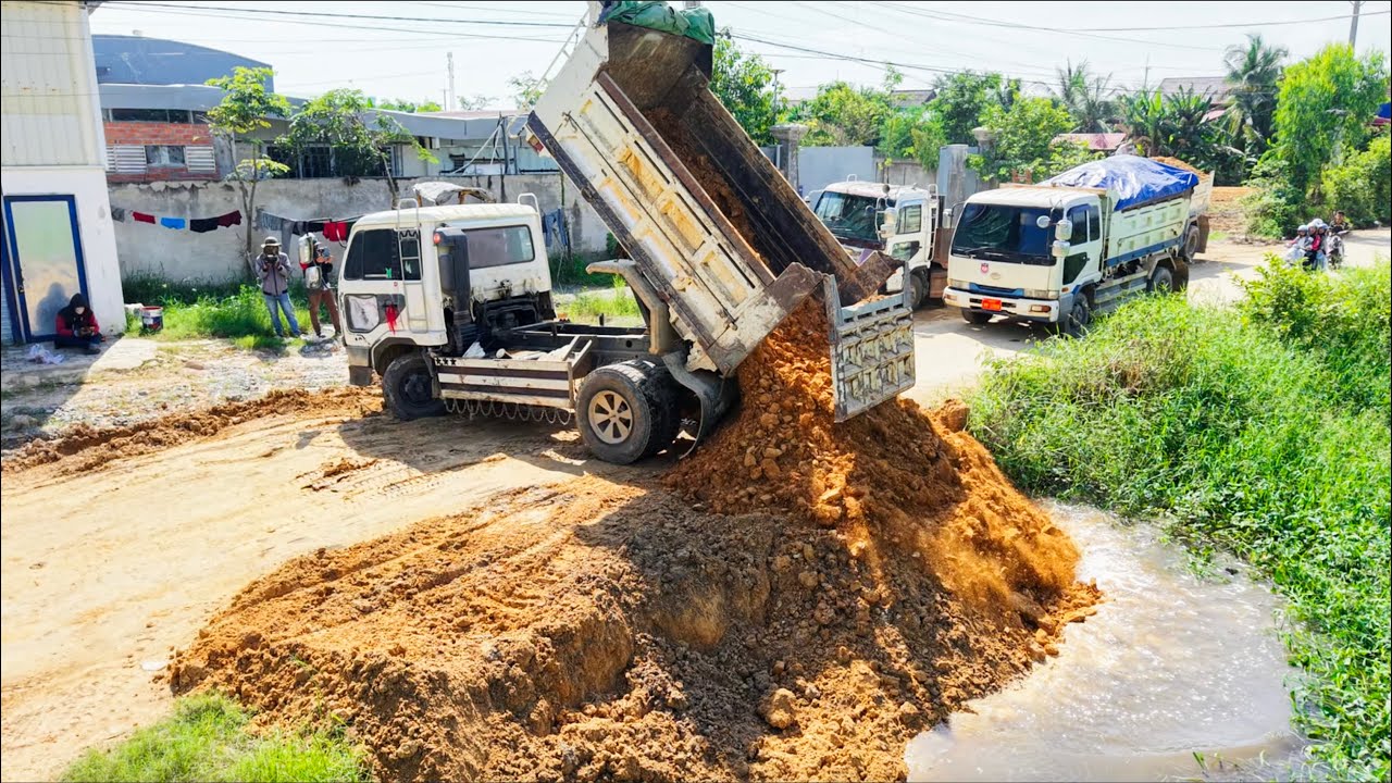 Nicely Project D20 bulldozer and 5T trucks work filling canal - YouTube