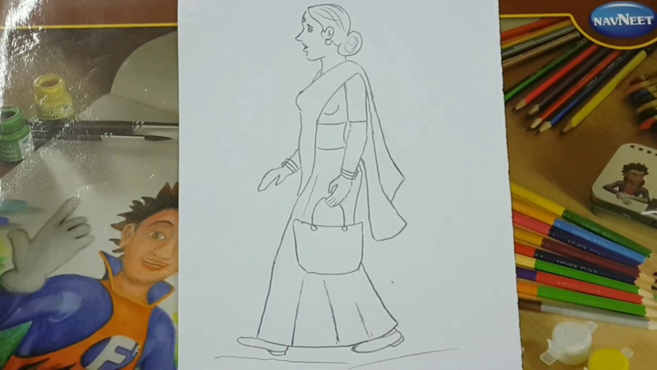 How To Draw Market Going Young Women | Step By Step In Easy Way For ...