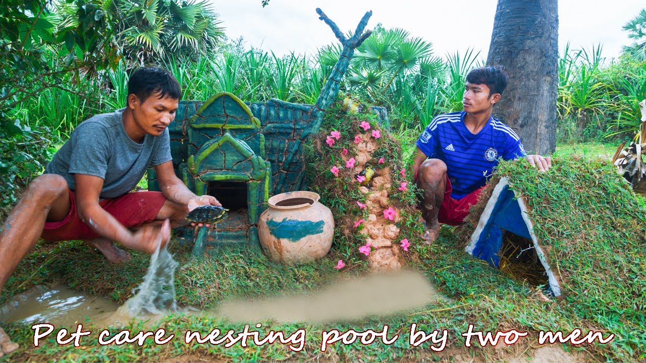 Primitive technology building cute house & pool for duck || Cooking ...